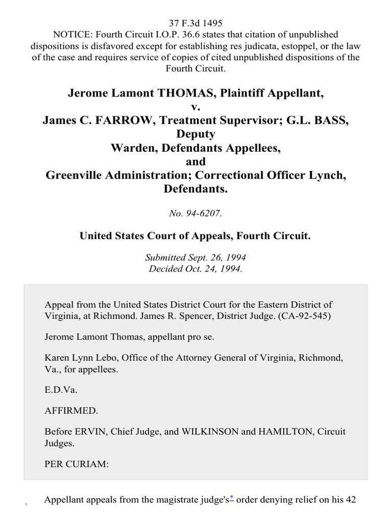 Fourth Circuit Appeal: Thomas v. Farrow | PDF