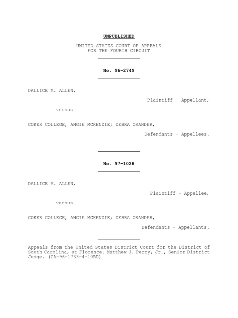 Allen v. Coker College, 4th Cir. (1997) | PDF