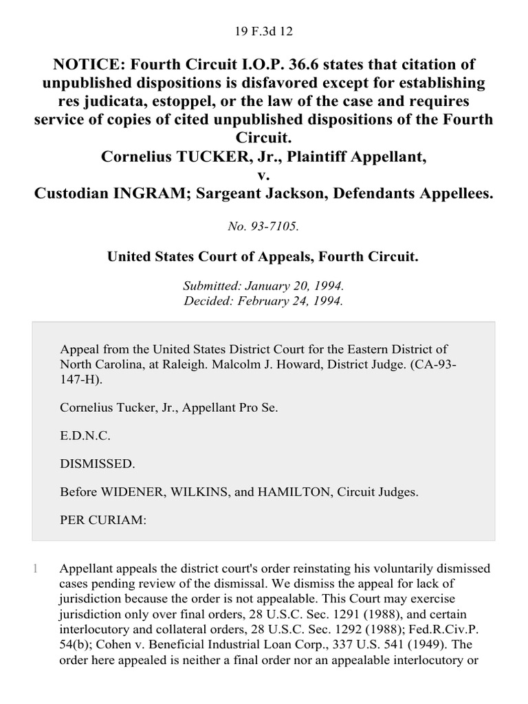 Cornelius Tucker, Jr. v. Custodian Ingram Sargeant Jackson, 19 F.3d 12 ...
