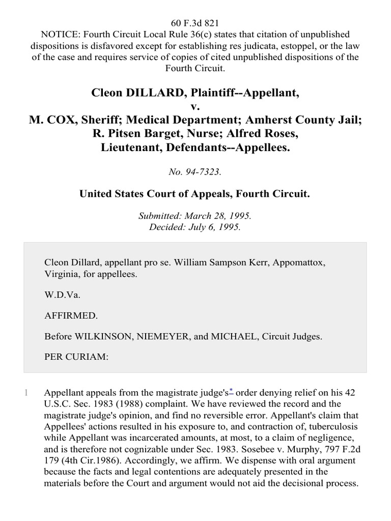Cleon Dillard v. M. Cox, Sheriff Medical Department Amherst County Jail ...