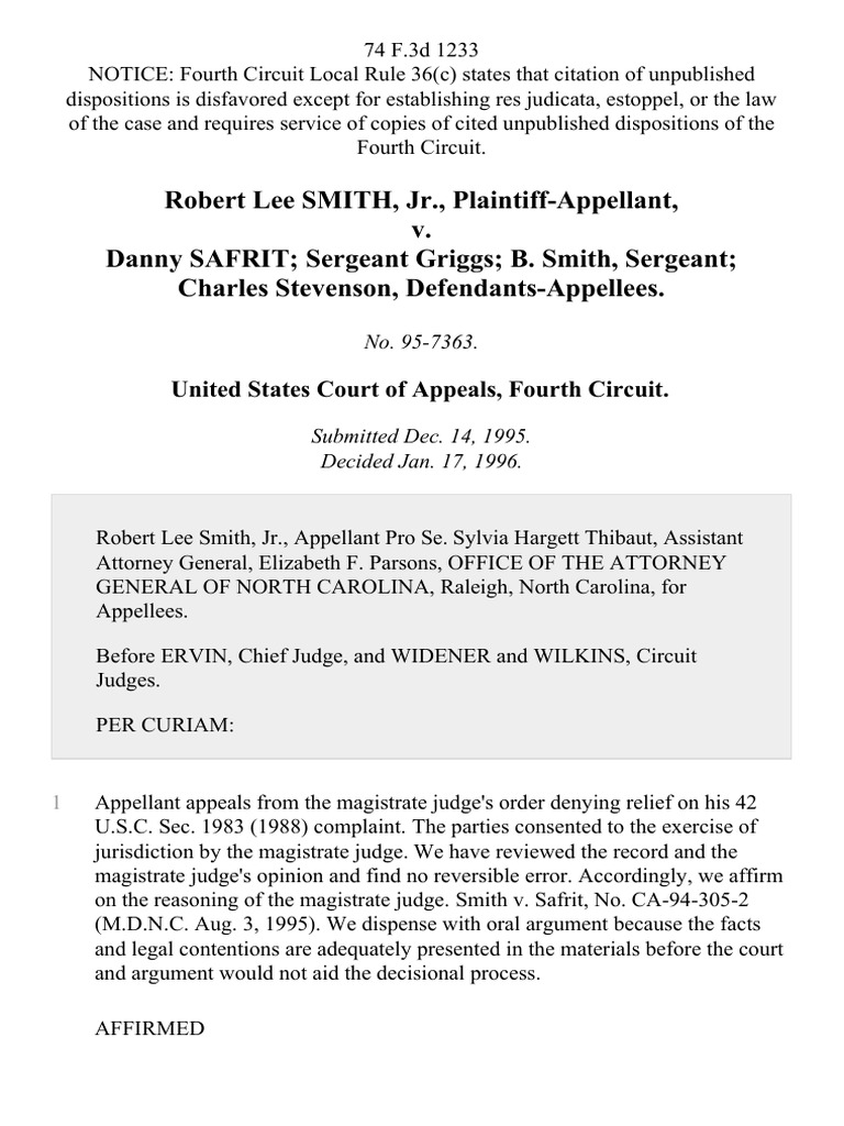Robert Lee Smith, Jr. v. Danny Safrit Sergeant Griggs B. Smith ...