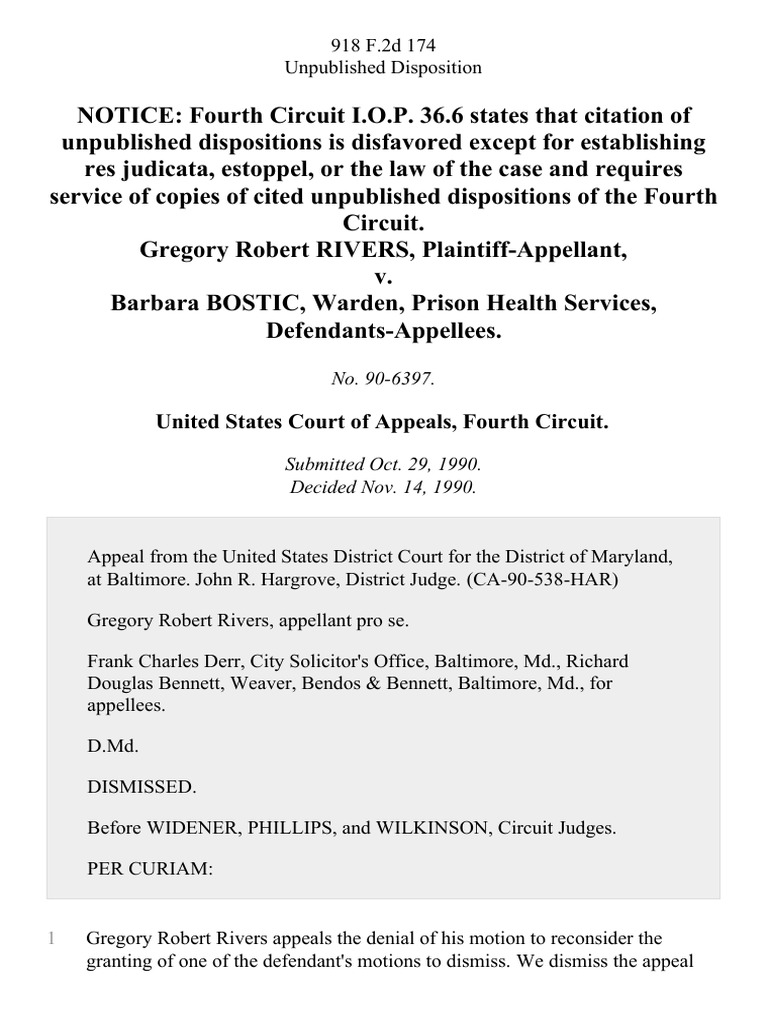 Gregory Robert Rivers v. Barbara Bostic, Warden, Prison Health Services ...