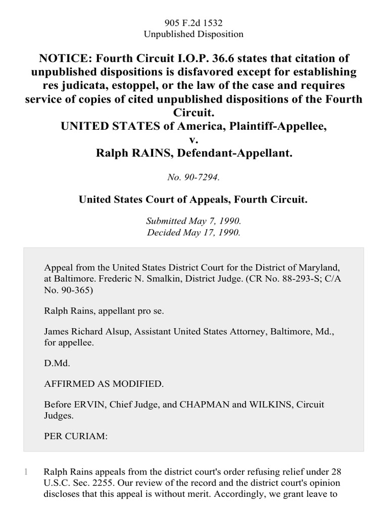 United States v. Ralph Rains, 905 F.2d 1532, 4th Cir. (1990) | PDF