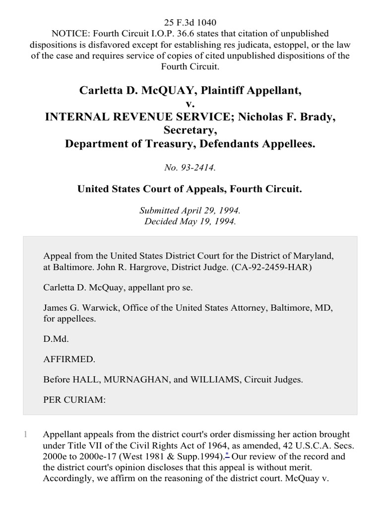 Carletta D. McQuay v. Internal Revenue Service Nicholas F. Brady ...