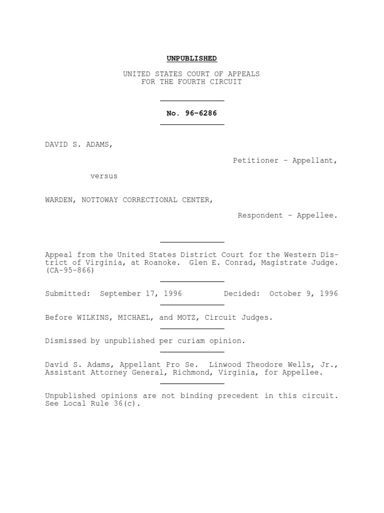 Adams v. Warden, Nottoway, 4th Cir. (1996) | PDF | Social Science