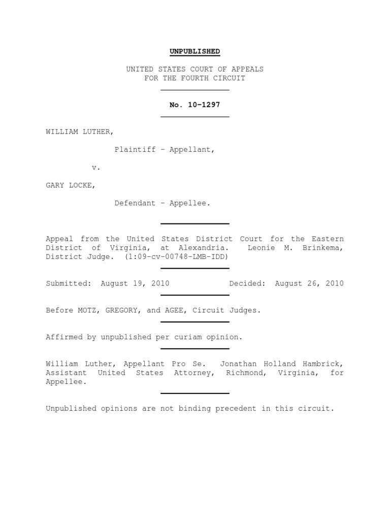 Luther v. Locke, 4th Cir. (2010) | PDF