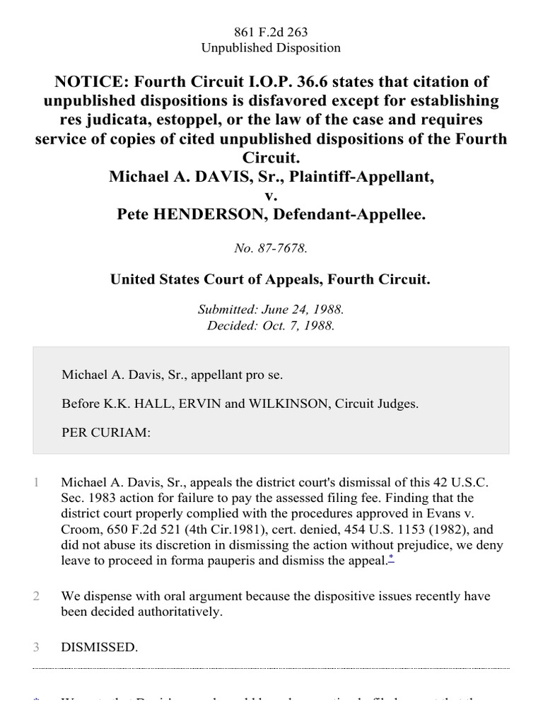 Michael A. Davis, Sr. v. Pete Henderson, 861 F.2d 263, 4th Cir. (1988 ...