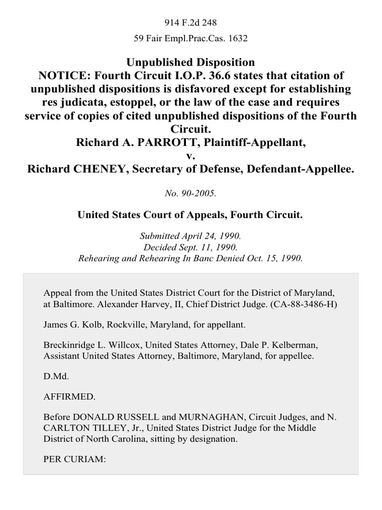 Richard A. Parrott v. Richard Cheney, Secretary of Defense, 914 F.2d ...