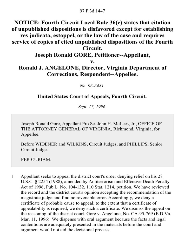 Joseph Ronald Gore v. Ronald J. Angelone, Director, Virginia Department ...