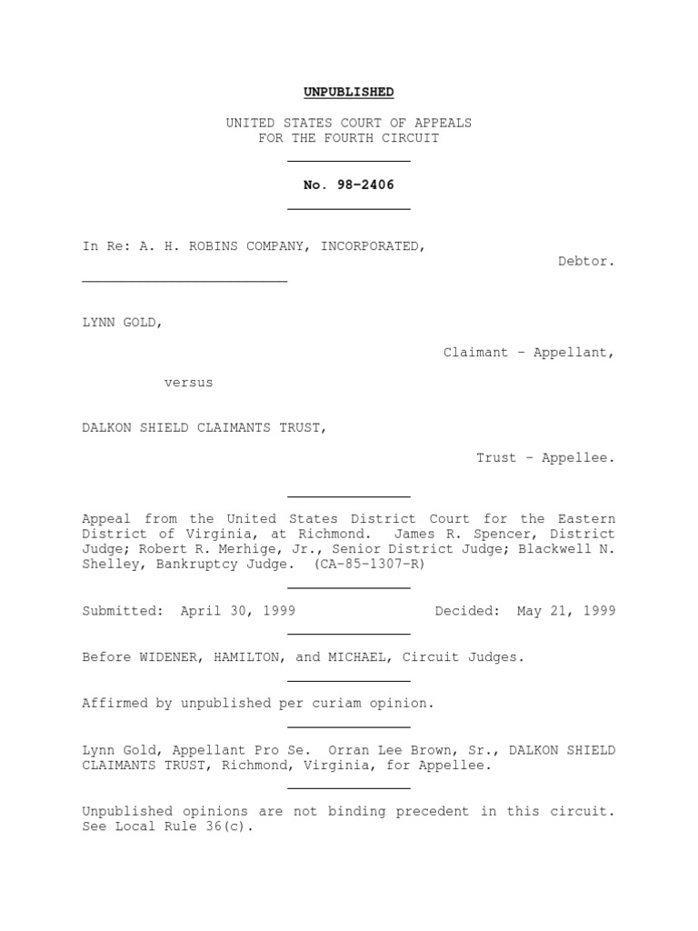 Gold v. Dalkon Shield Trust, 4th Cir. (1999) | PDF