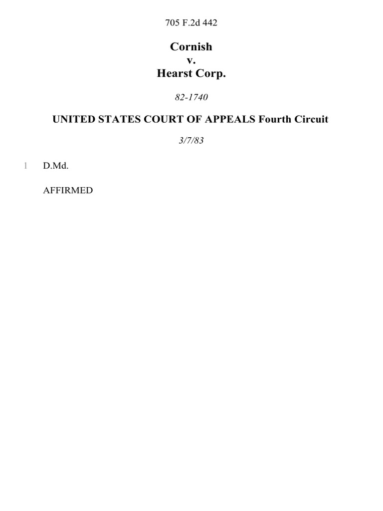 Cornish v. Hearst Corp, 705 F.2d 442, 4th Cir. (1983) | PDF
