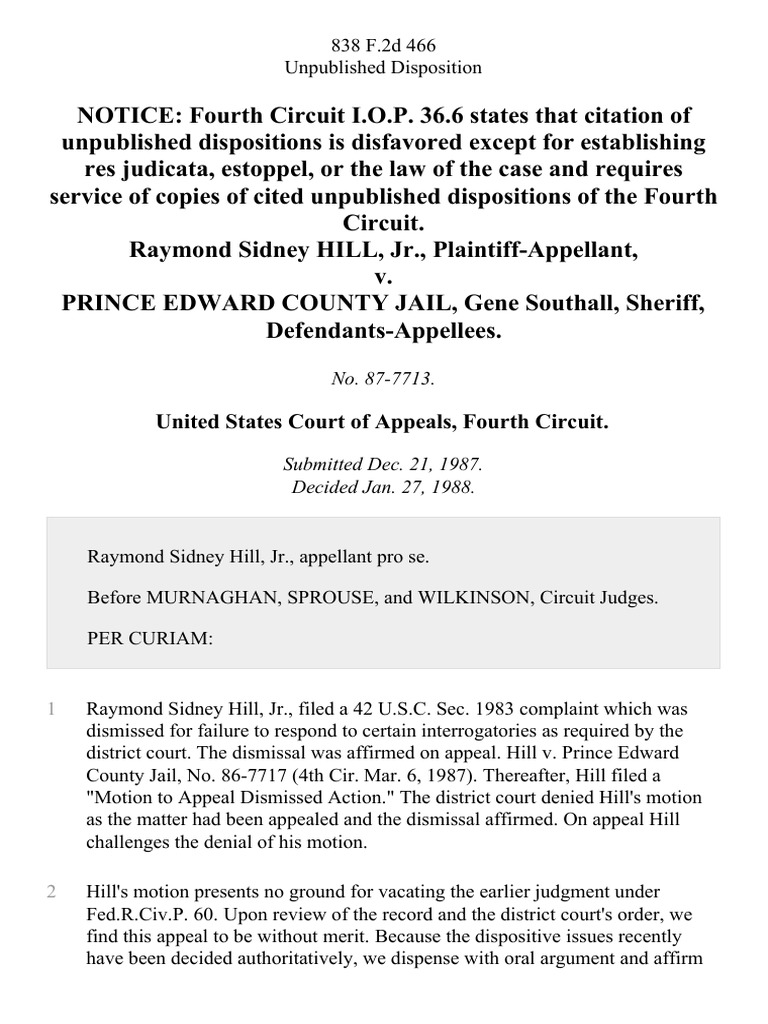 Raymond Sidney Hill, Jr. v. Prince Edward County Jail, Gene Southall ...