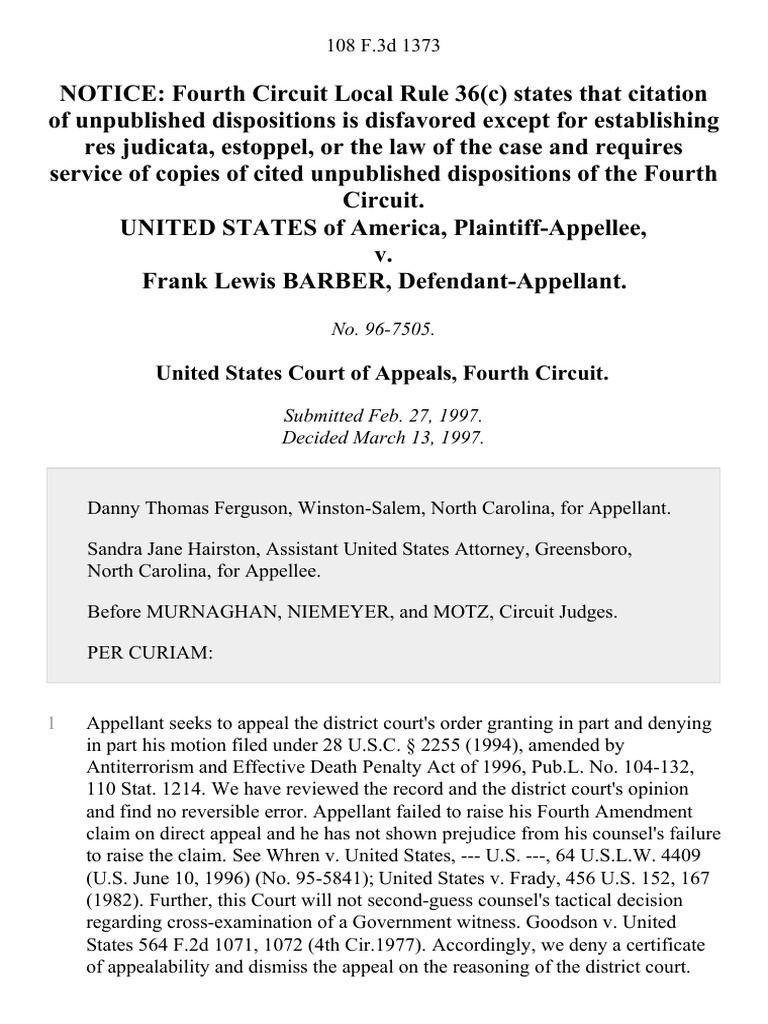 United States v. Frank Lewis Barber, 108 F.3d 1373, 4th Cir. (1997) | PDF