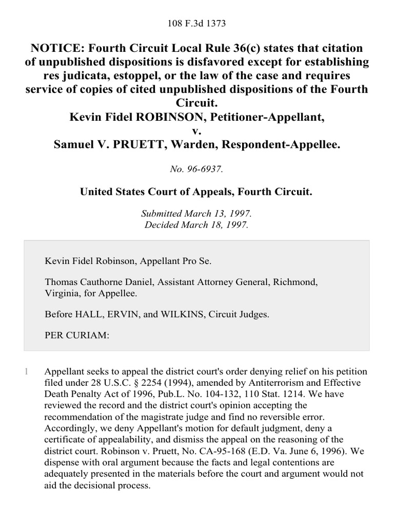 Kevin Fidel Robinson v. Samuel v. Pruett, Warden, 108 F.3d 1373, 4th ...