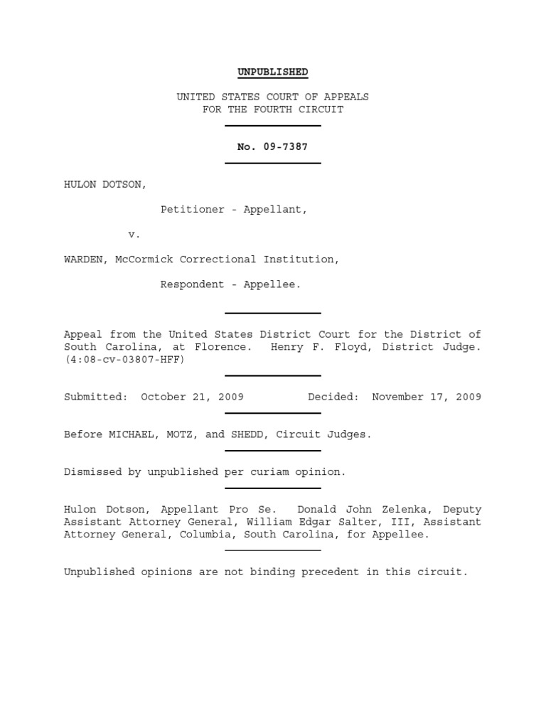 Dotson v. Warden, 4th Cir. (2009) | PDF | Politics