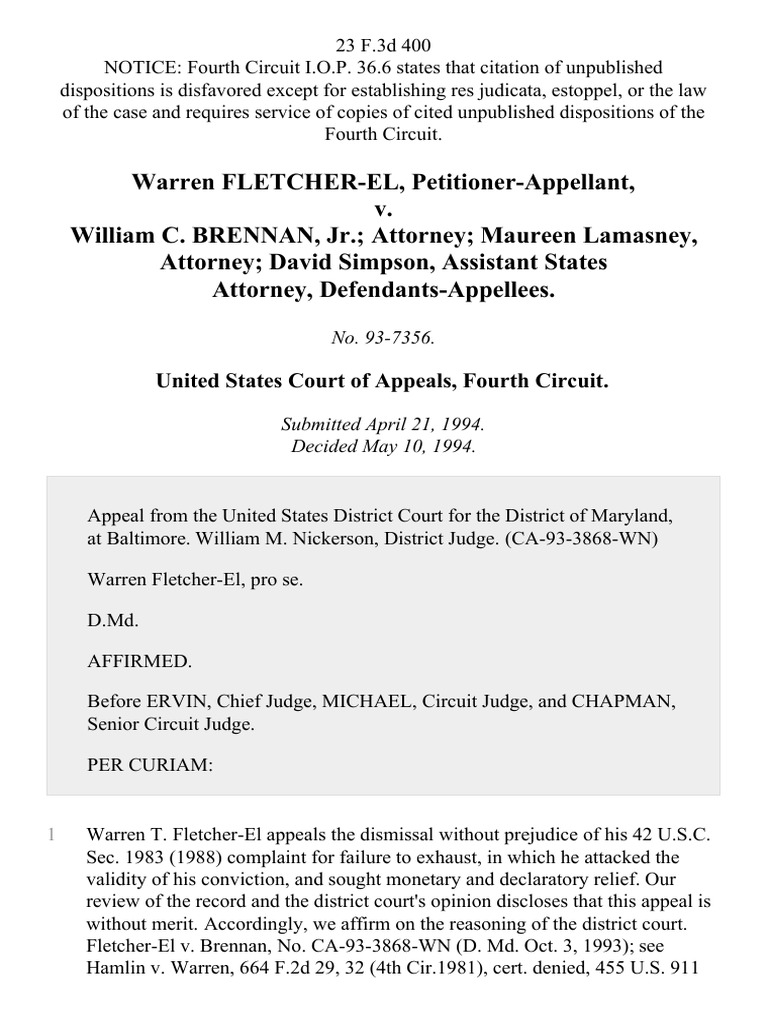 Warren Fletcher-El v. William C. Brennan, Jr. Attorney Maureen Lamasney ...