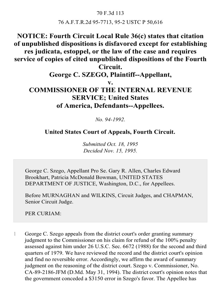George C. Szego v. Commissioner of The Internal Revenue Service United ... George C. Szego v. Commissioner of The Internal Revenue Service United ...