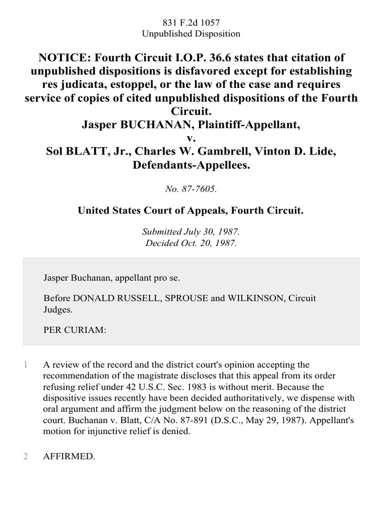 Jasper Buchanan v. Sol Blatt, JR., Charles W. Gambrell, Vinton D. Lide ...