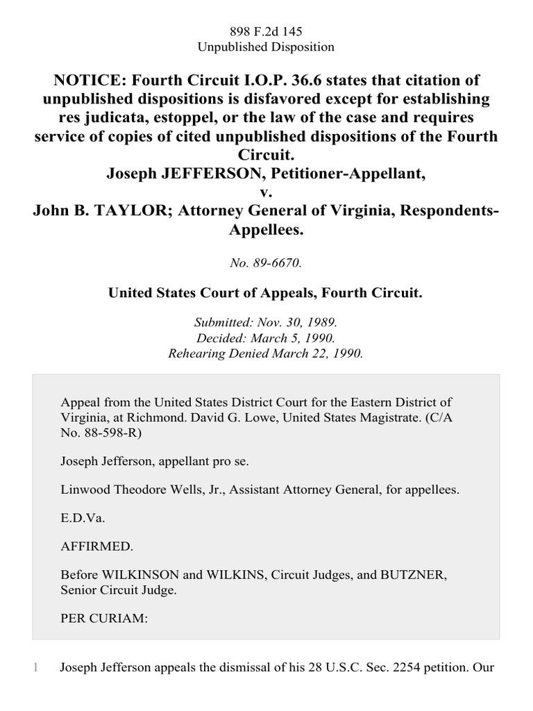 Joseph Jefferson v. John B. Taylor Attorney General of Virginia, 898 F ...