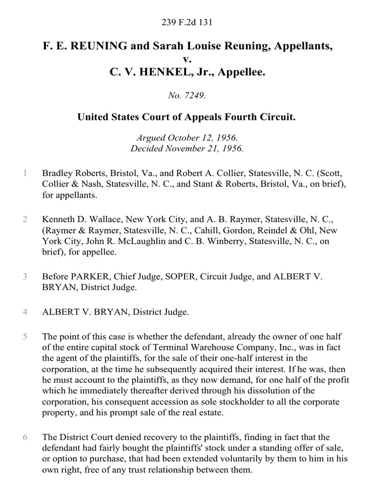 F. E. Reuning and Sarah Louise Reuning v. C. v. Henkel, JR., 239 F.2d ...