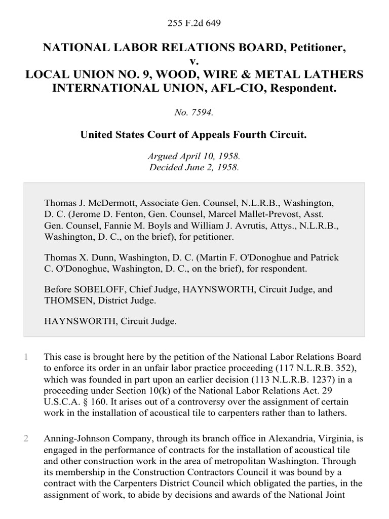 National Labor Relations Board v. Local Union No. 9, Wood, Wire & Metal ...