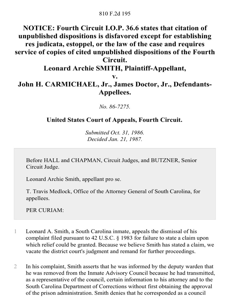 Leonard Archie Smith v. John H. Carmichael, JR., James Doctor, JR., 810 ...