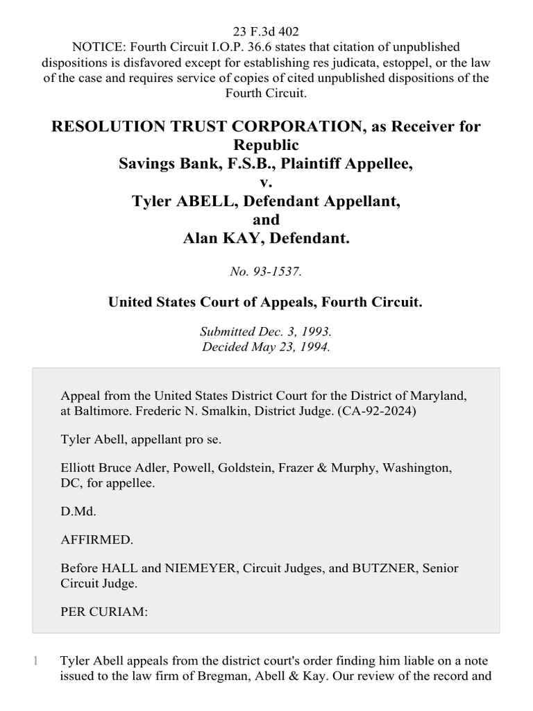 Resolution Trust Corporation, As Receiver For Republic Savings Bank, F ...