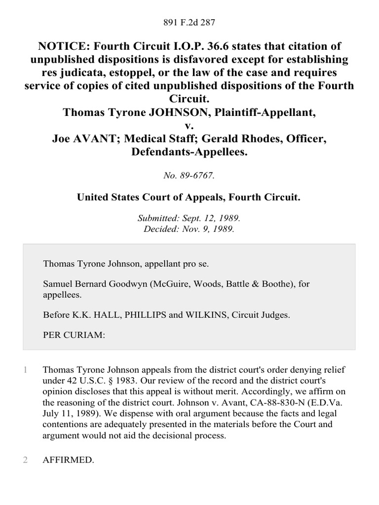 Thomas Tyrone Johnson v. Joe Avant Medical Staff Gerald Rhodes, Officer ...