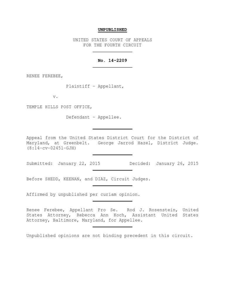 Renee Ferebee v. Temple Hills Post Office, 4th Cir. (2015) | PDF ...