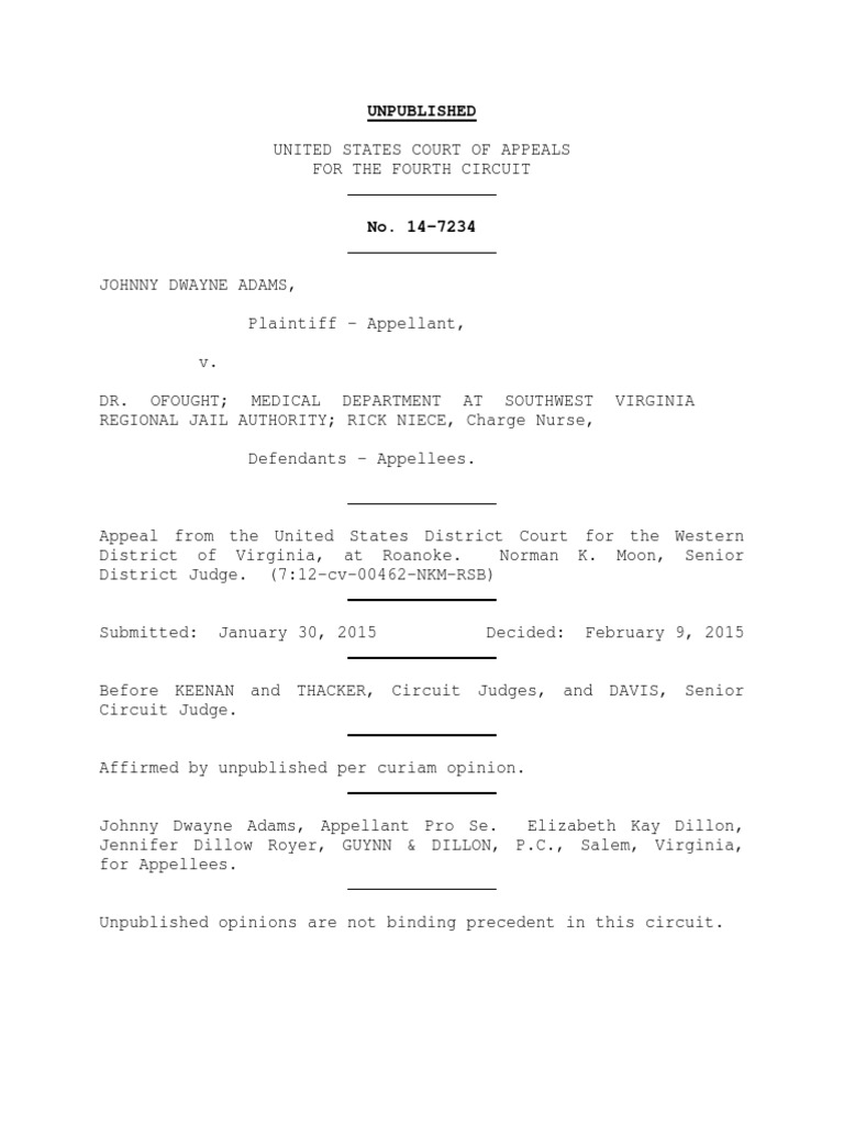 Johnny Adams v. Dr. Ofought, 4th Cir. (2015) | PDF | Social Science | Law