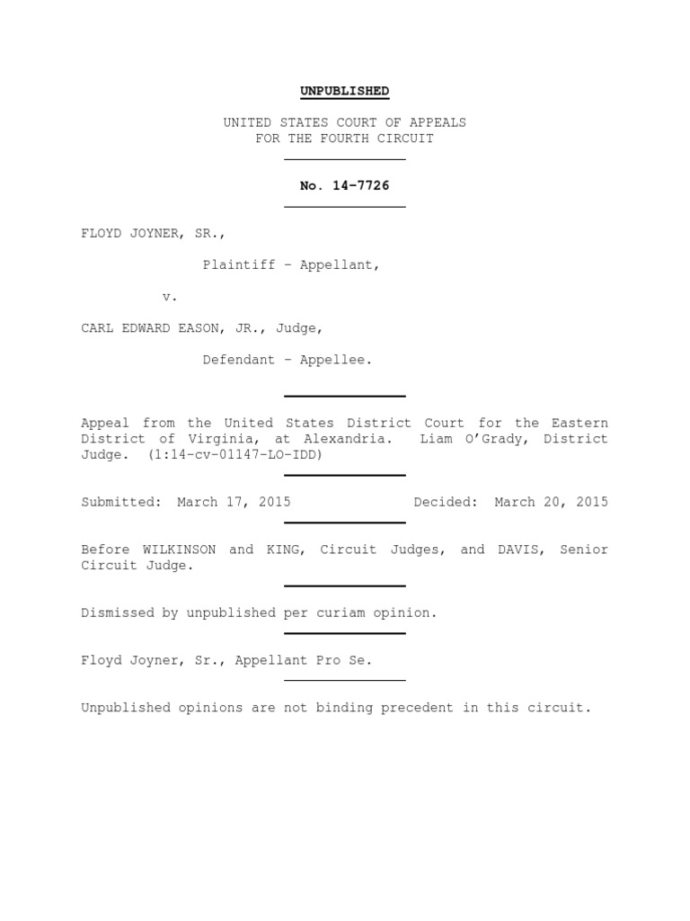 Floyd Joyner, Sr. v. Carl Eason, JR., 4th Cir. (2015) | PDF