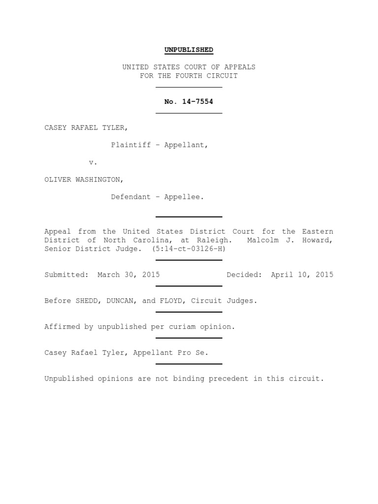 Casey Tyler v. Oliver Washington, 4th Cir. (2015) | PDF