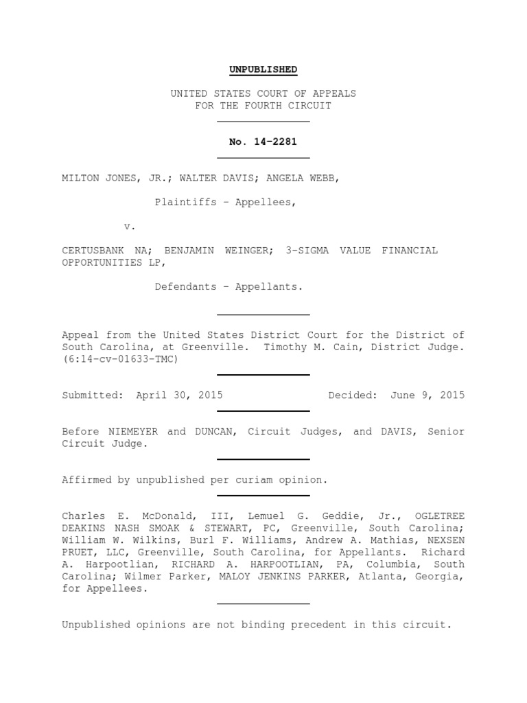 Milton Jones, Jr. v. CertusBank NA, 4th Cir. (2015) | PDF | Diversity ...