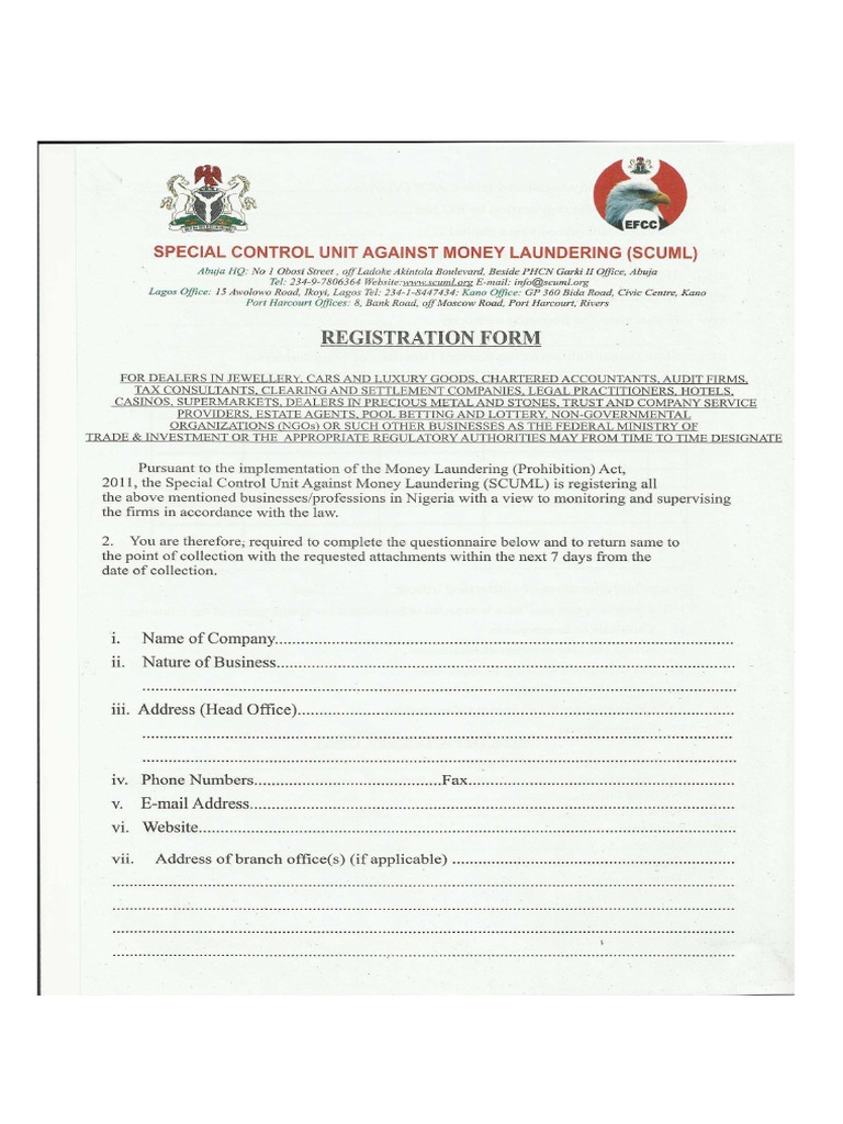 SCUML Registration Form by EFCC | PDF
