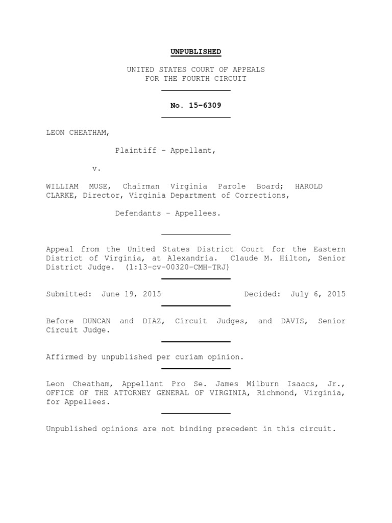 Leon Cheatham v. William Muse, 4th Cir. (2015) | PDF | Appeal | Precedent