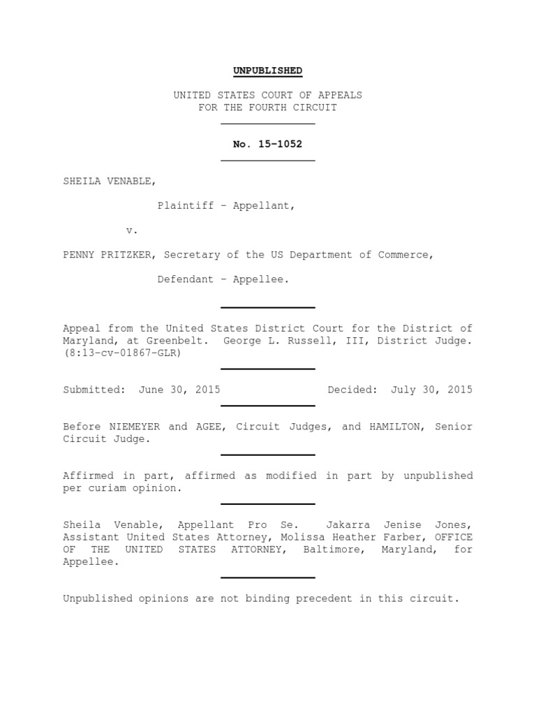 Sheila Venable v. Penny Pritzker, 4th Cir. (2015) | PDF | Appeal ...