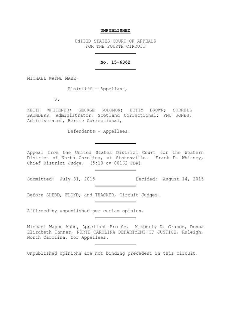 Michael Mabe v. Keith Whitener, 4th Cir. (2015) | PDF