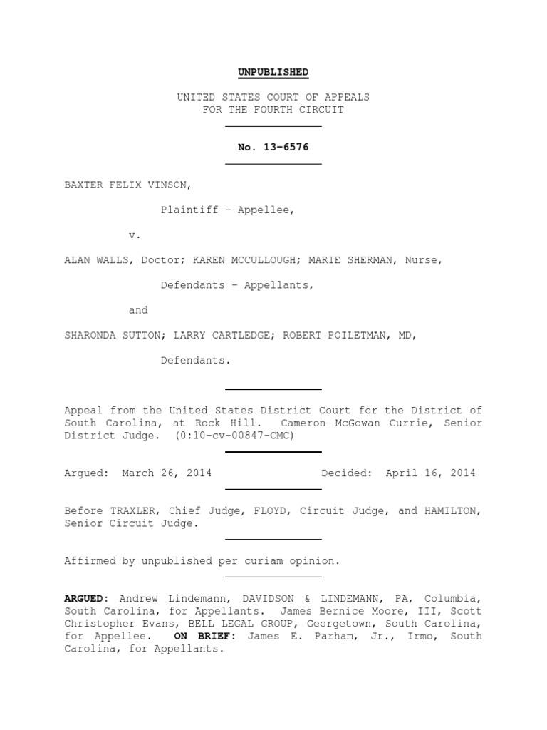 Baxter Vinson v. Alan Walls, 4th Cir. (2014) | PDF | Appeal | Eighth ...