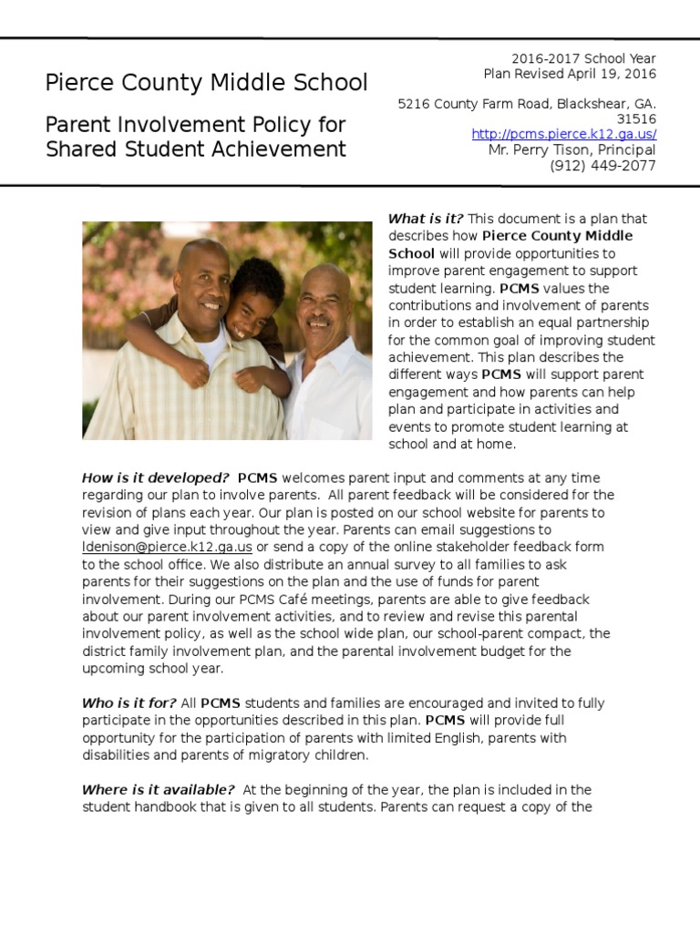 PCMS Parent Involvement Plan 2016-2017 | PDF | Elementary And Secondary ...