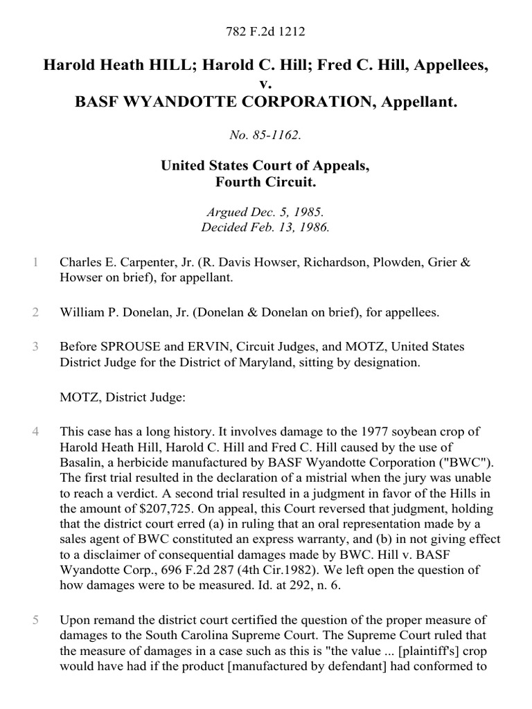 Harold Heath Hill Harold C. Hill Fred C. Hill v. Basf Wyandotte Corporation, 782 F.2d 1212, 4th ...