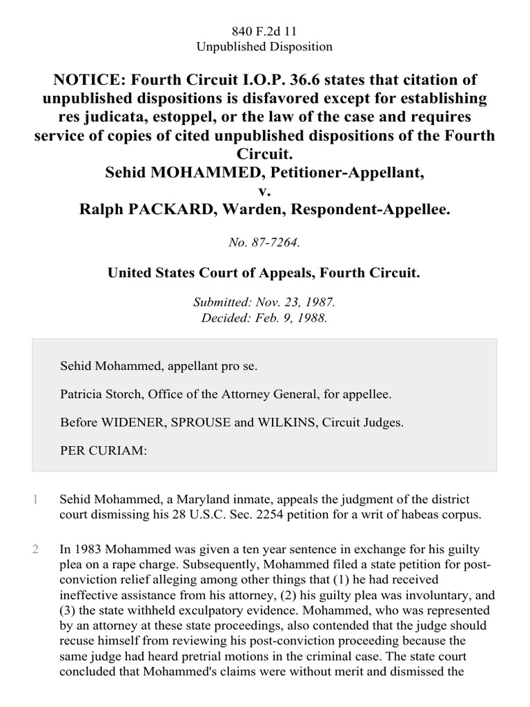 Sehid Mohammed v. Ralph Packard, Warden, 840 F.2d 11, 4th Cir. (1988 ...