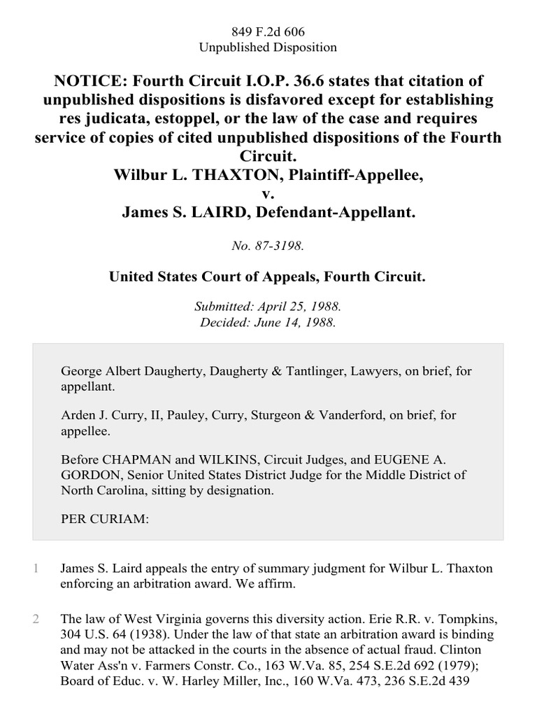 Wilbur L. Thaxton v. James S. Laird, 849 F.2d 606, 4th Cir. (1988) | PDF