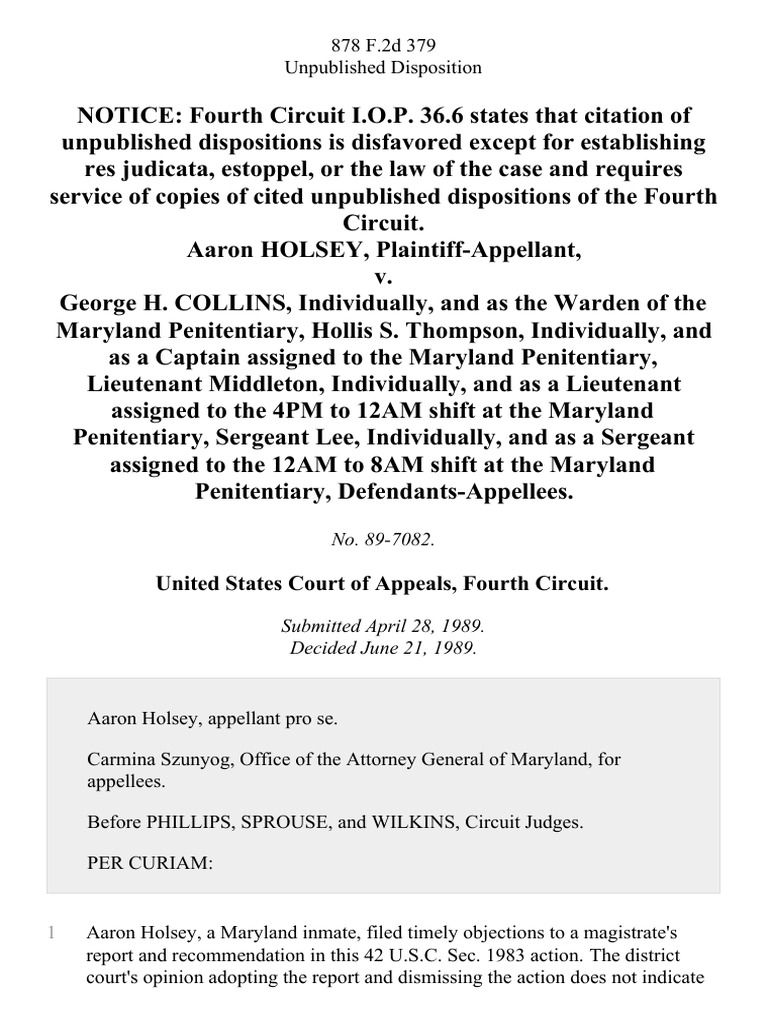Holsey v. Collins: Fourth Circuit Remand | PDF | Politics | Law