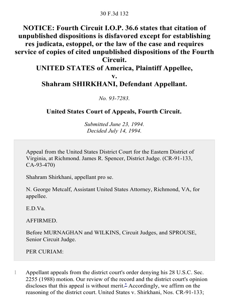 United States v. Shahram Shirkhani, 30 F.3d 132, 4th Cir. (1994) | PDF