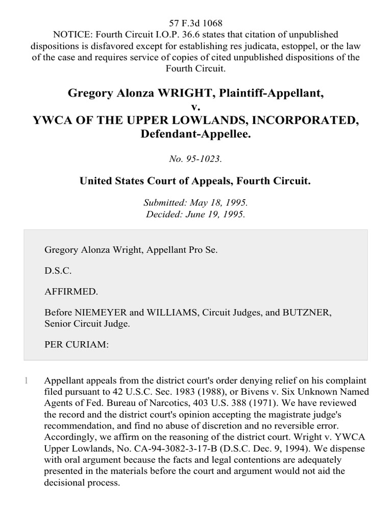 Gregory Alonza Wright v. Ywca of The Upper Lowlands, Incorporated, 57 F ...