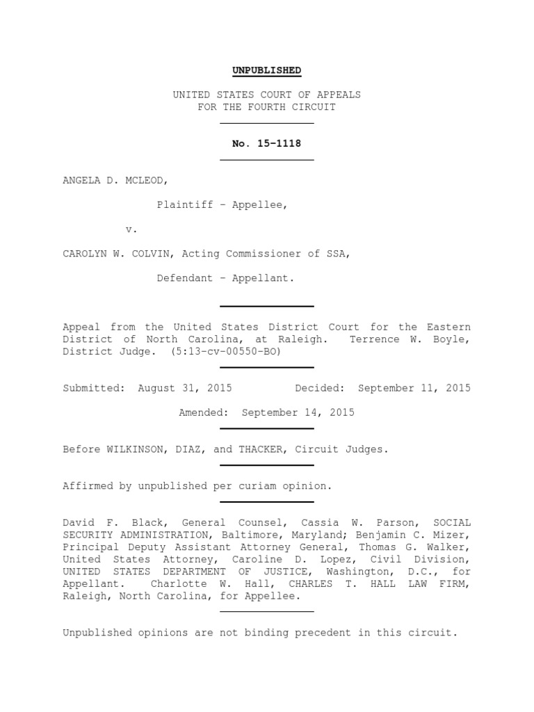 Angela McLeod v. Carolyn Colvin, 4th Cir. (2015) | PDF | Precedent ...