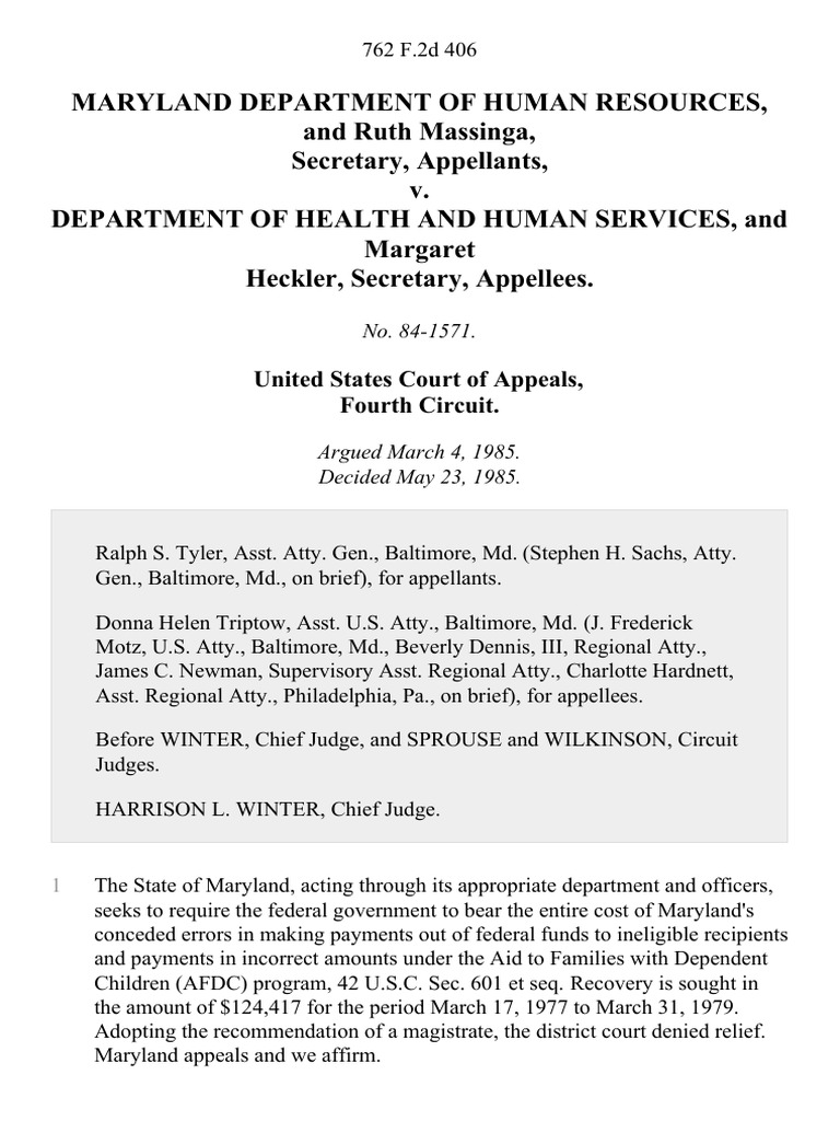 Maryland Department of Human Resources, and Ruth Massinga, Secretary v ...