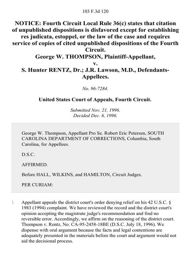 George W. Thompson v. S. Hunter Rentz, Dr. J.R. Lawson, M.D., 103 F.3d ...