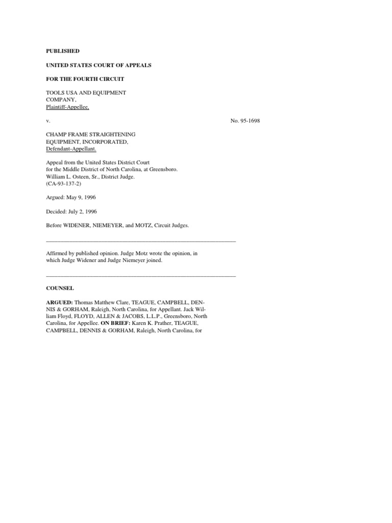 Tools USA and Equip v. Champ Frame Straight, 4th Cir. (1996) | PDF ...
