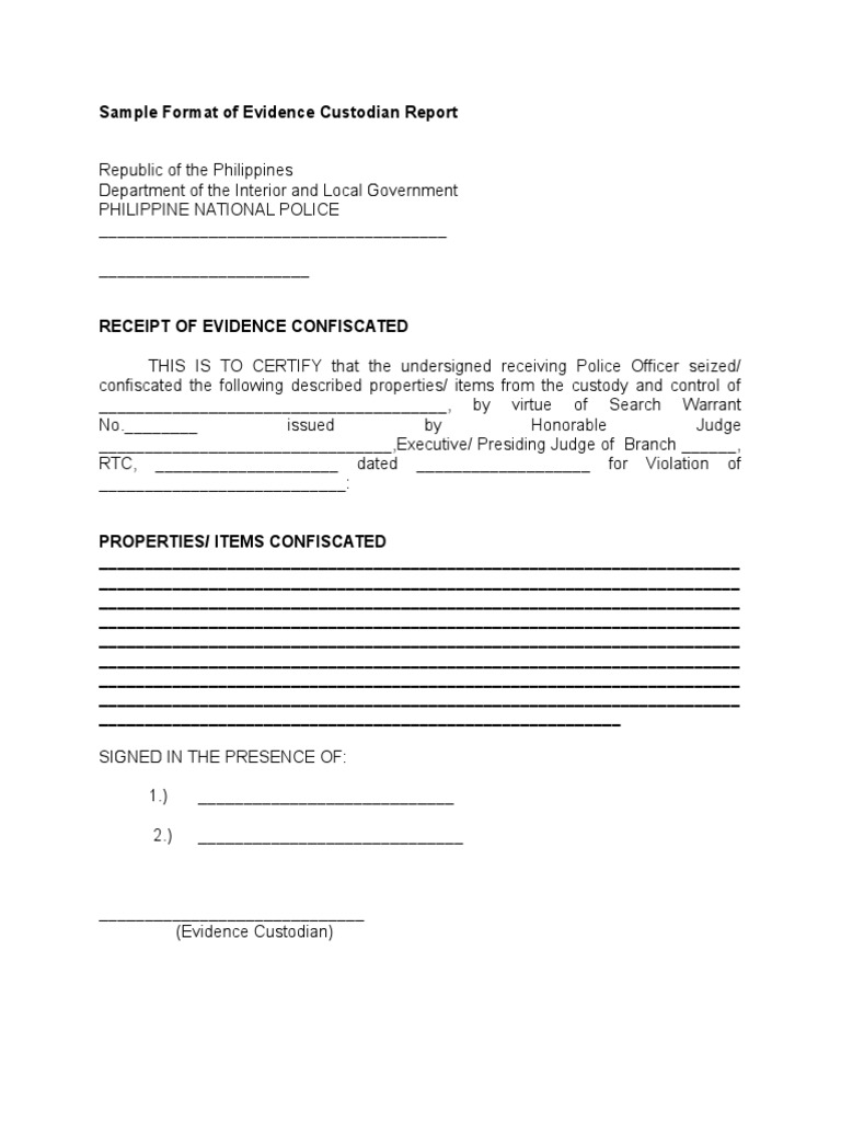 Sample Format of Evidence Custodian Report